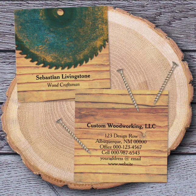 Rustic Green Circular Saw Woodworking Profession Square Business Card ...