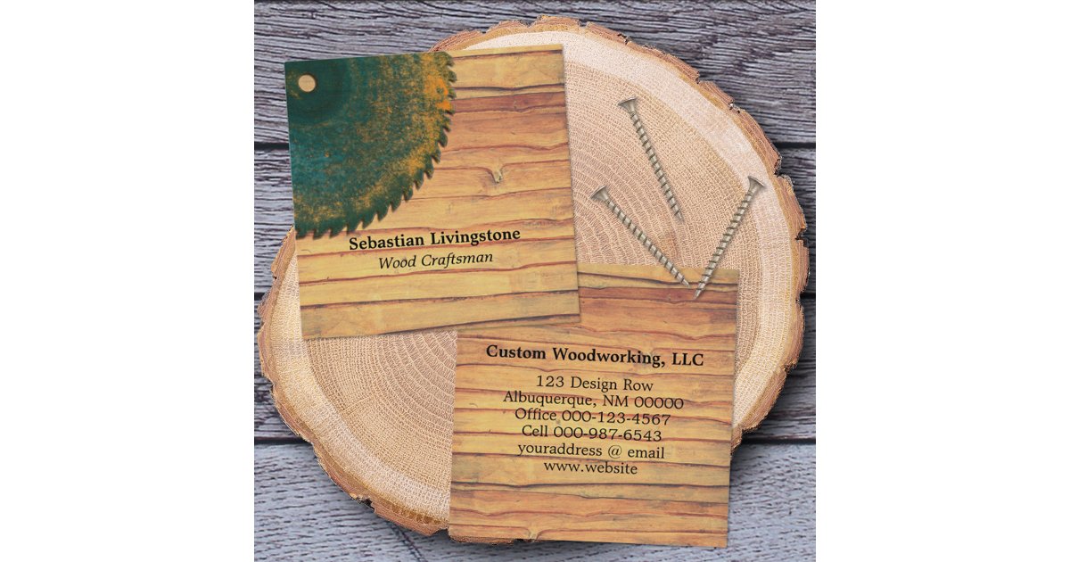 Rustic Green Circular Saw Woodworking Profession Square Business Card ...
