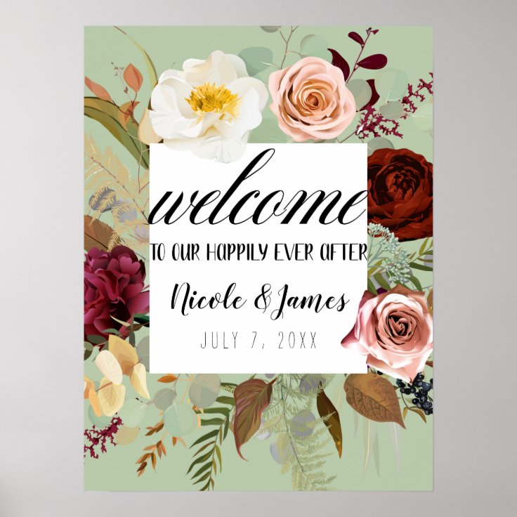 Rustic Green Country Floral Bloom Wedding Welcome Poster | Zazzle