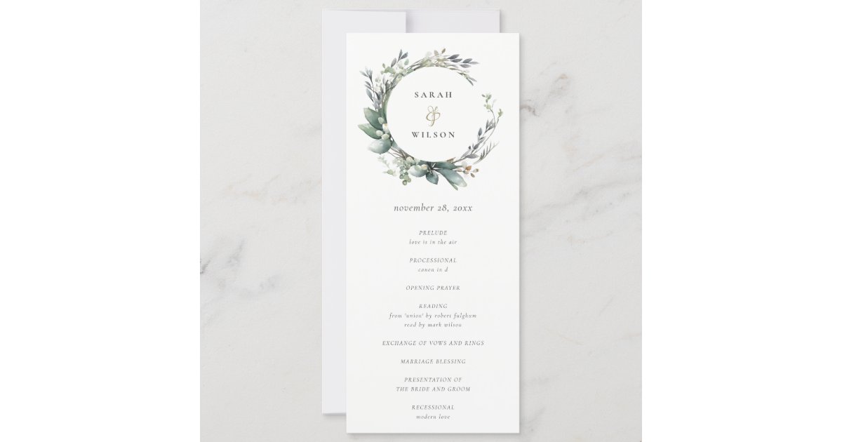 Rustic Green Foliage Wreath Wedding Program | Zazzle