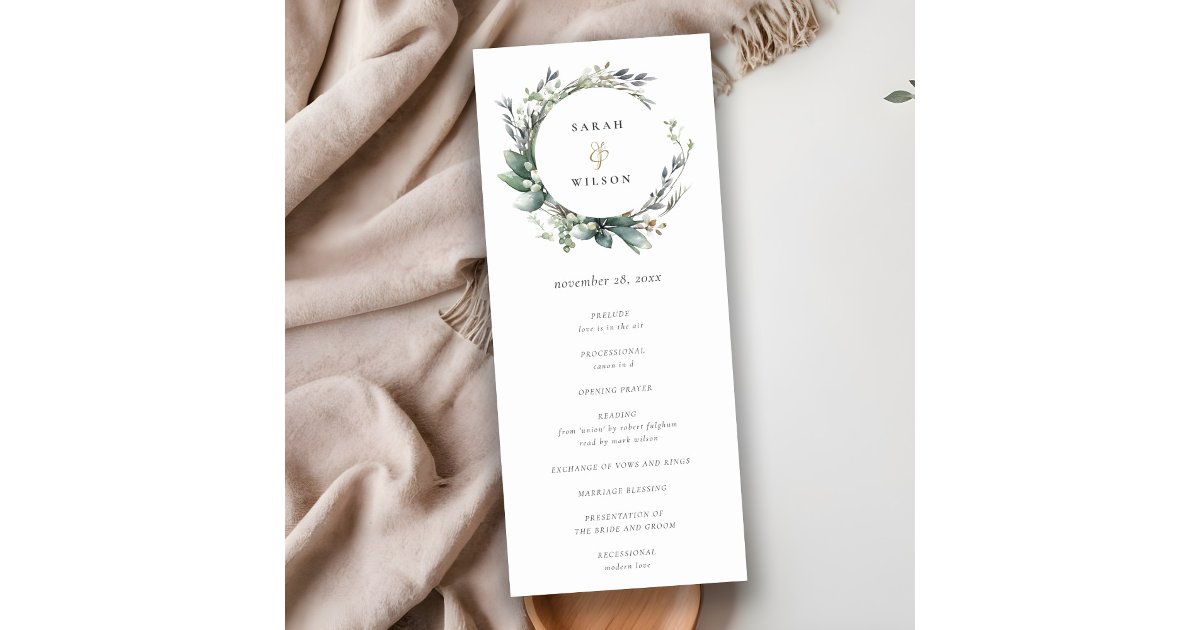 Rustic Green Foliage Wreath Wedding Program | Zazzle