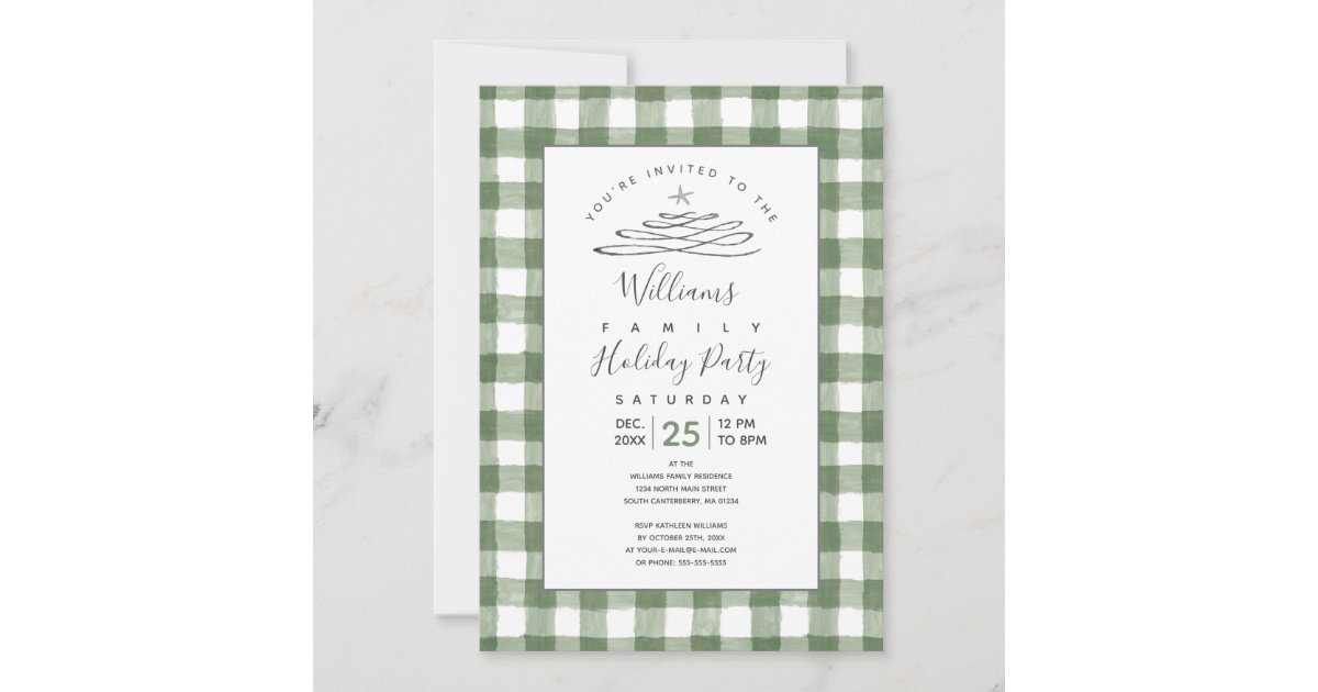 Rustic Green Gingham Holiday Invitation | Zazzle