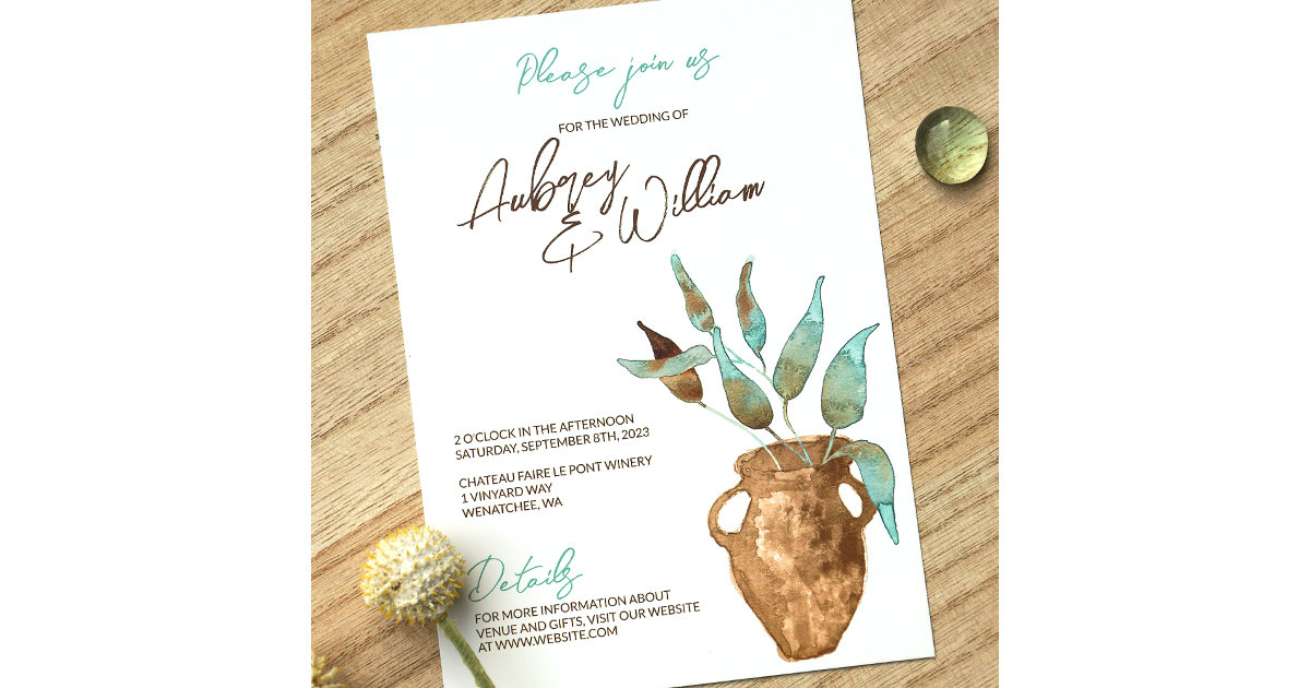 Rustic Green Leaves, Clay Pot Wedding Invitations | Zazzle