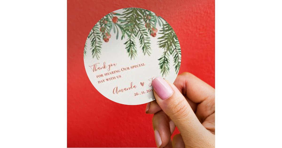 Rustic Green Leaves Red Berries Christmas Wedding Classic Round Sticker ...
