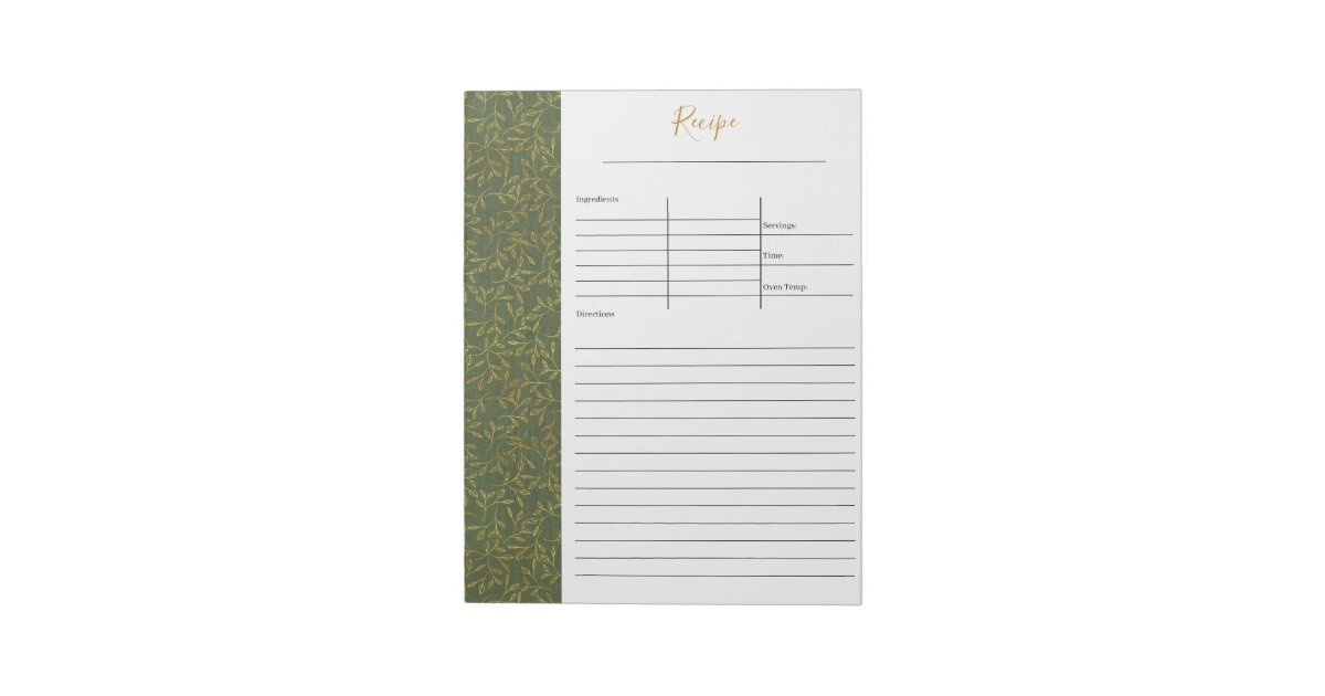 Rustic Green Linen and Gold Leaf Blank Recipe Notepad | Zazzle