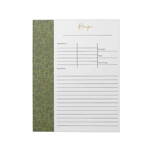 Rustic Green Linen and Gold Leaf Blank Recipe Notepad | Zazzle