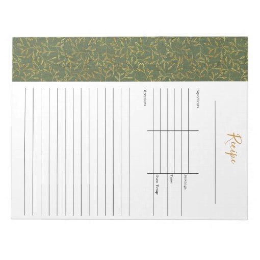 Rustic Green Linen and Gold Leaf Blank Recipe Notepad | Zazzle