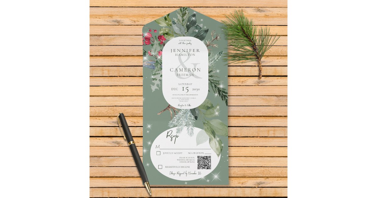 Rustic Green Pine & Holly Winter Sparkle QR Code All In One Invitation ...