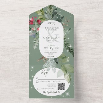 Rustic Green Pine & Holly Winter Sparkle QR Code All In One Invitation ...
