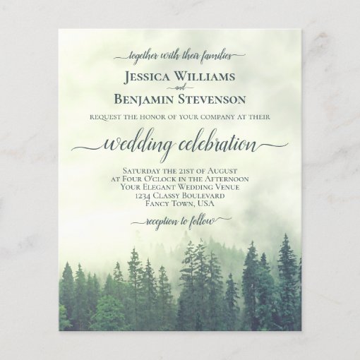 Rustic Green Pine Trees BUDGET Wedding Invitation | Zazzle