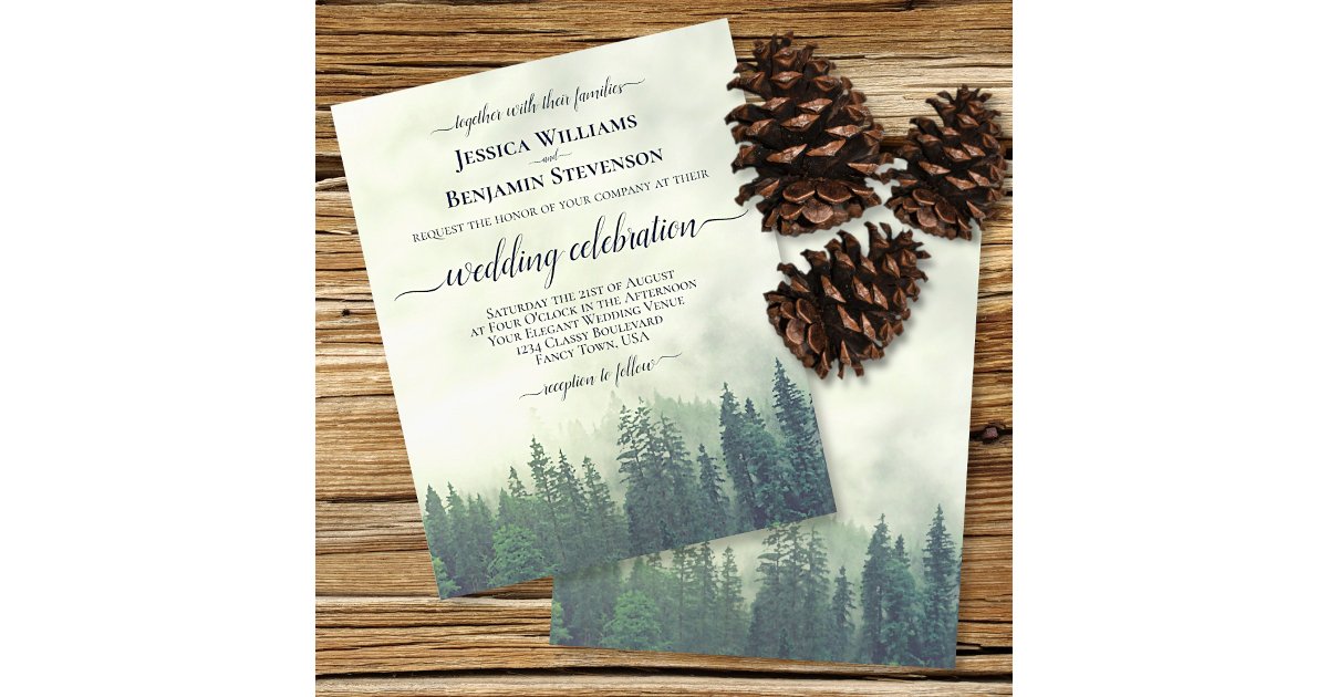 Rustic Green Pine Trees BUDGET Wedding Invitation | Zazzle