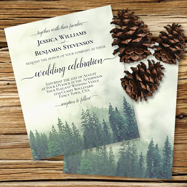 Rustic Green Pine Trees BUDGET Wedding Invitation | Zazzle