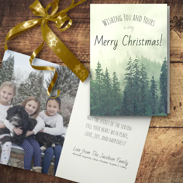Rustic Green Pine Trees Merry Christmas Photo Holiday Card | Zazzle