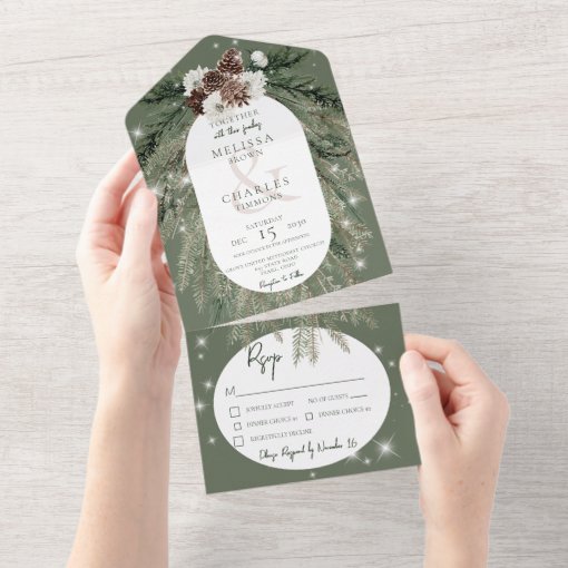 Rustic Green Pine Winter Sparkle Dinner All In One Invitation | Zazzle