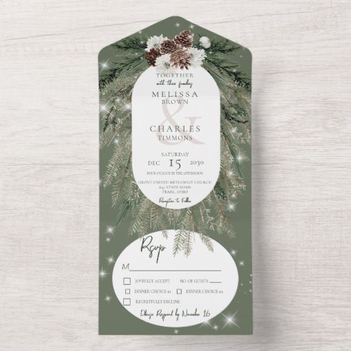 Rustic Green Pine Winter Sparkle Dinner All In One Invitation | Zazzle