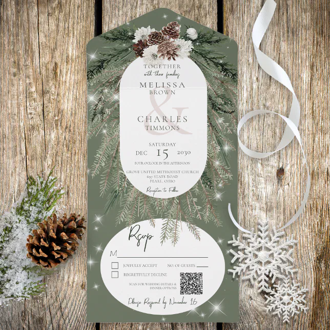 Rustic Green Pine Winter Sparkle QR Code All In One Invitation | Zazzle