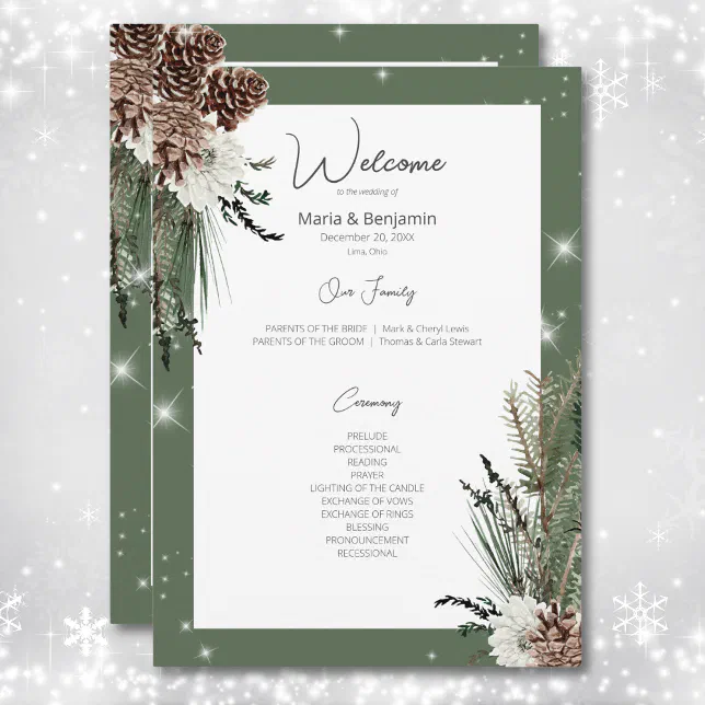 Rustic Green Pine Winter Sparkle Wedding Program | Zazzle