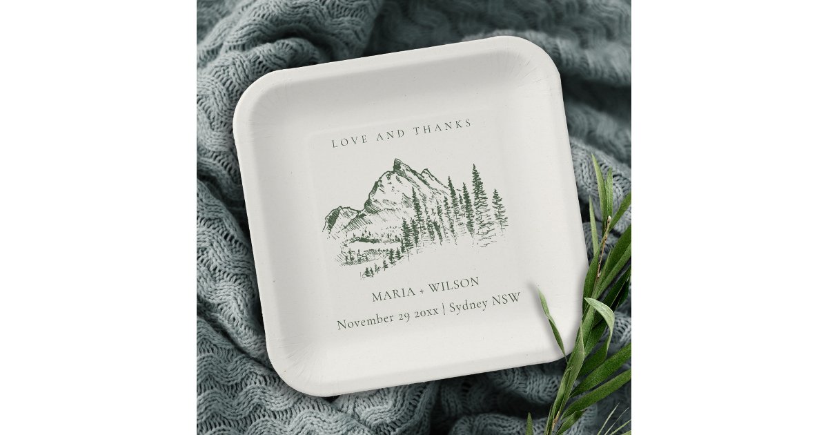 Rustic Green Pine Woods Mountain Sketch Wedding Paper Plates | Zazzle