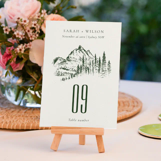 Rustic Green Pine Woods Mountain Sketch Wedding Table Number | Zazzle