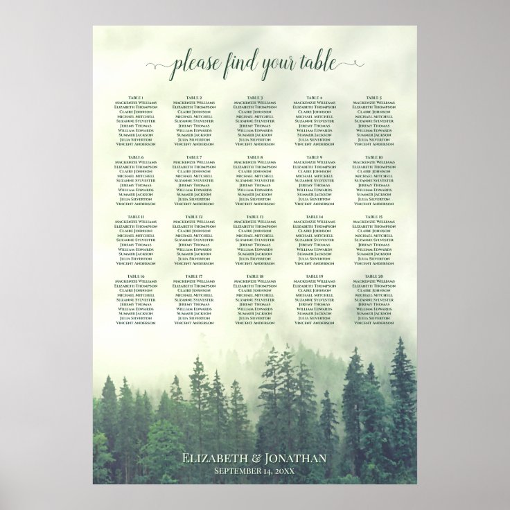 Rustic Green Pines 20 Table Wedding Seating Chart | Zazzle