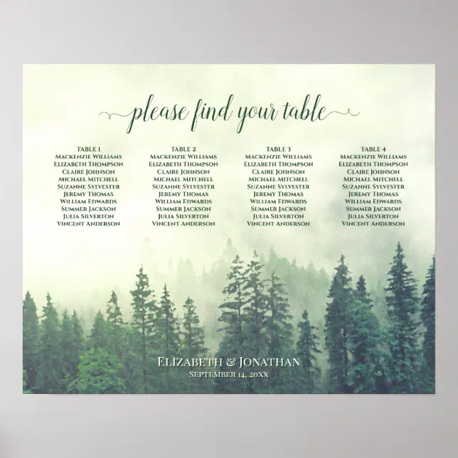 Rustic Green Pines 4 Table Wedding Seating Chart | Zazzle