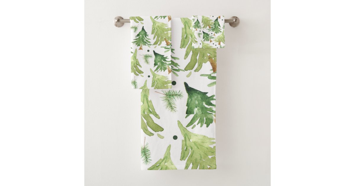 Rustic Green Watercolor Pine Trees Holiday Bath Towel Set | Zazzle
