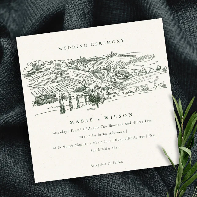 Rustic Green Winery Mountain Sketch Wedding Invite | Zazzle