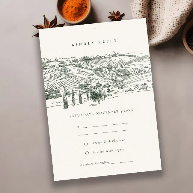 Rustic Green Winery Mountain Sketch Wedding RSVP Enclosure Card | Zazzle
