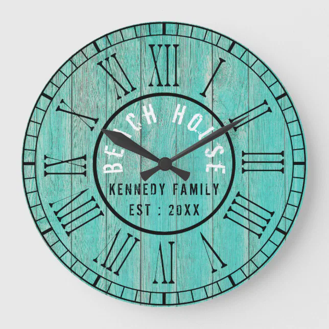 Rustic Green Wood Beach House Black Roman Numeral Large Clock | Zazzle