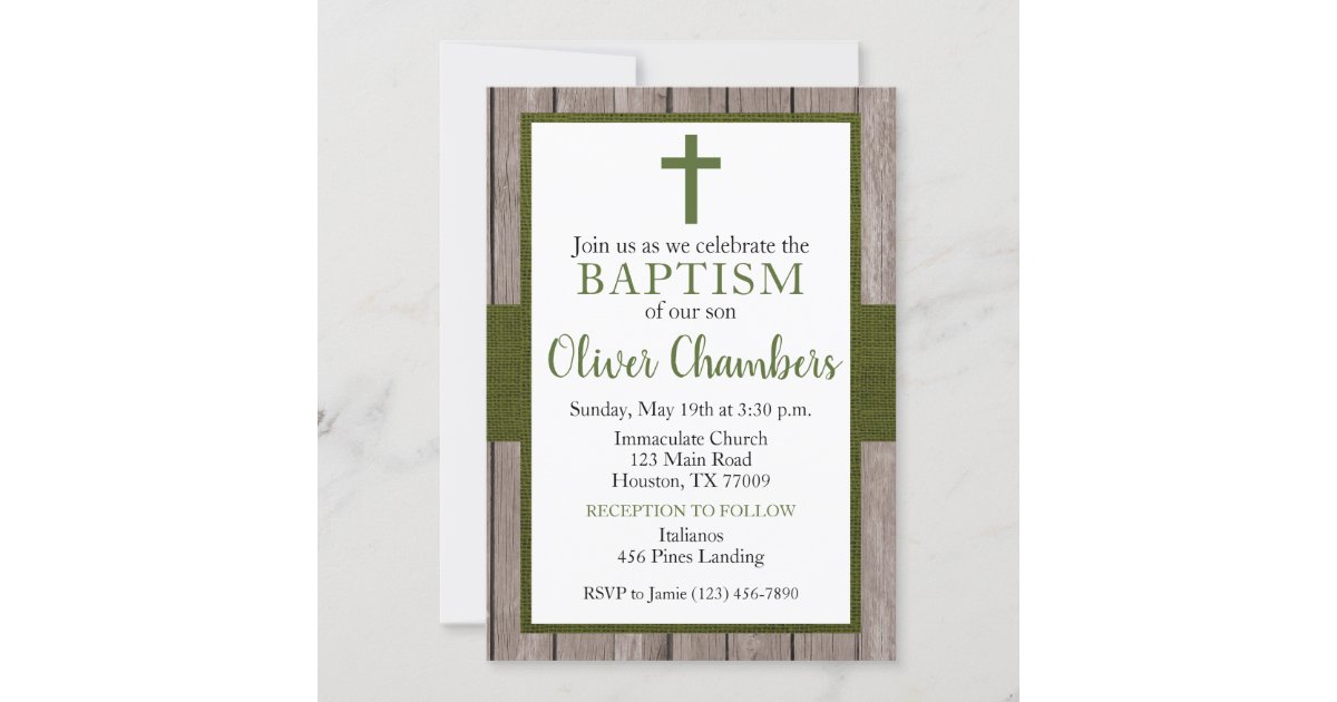 Rustic Green & Wood Boy Baptism Invitation | Zazzle