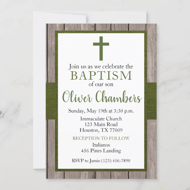 Rustic Green & Wood Boy Baptism Invitation | Zazzle