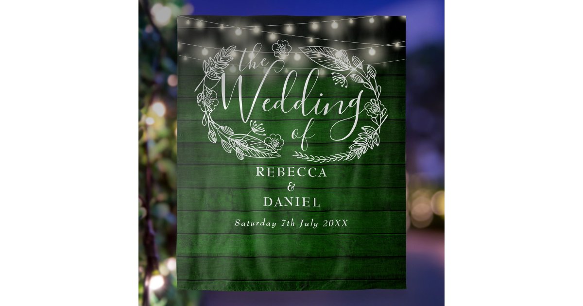 Rustic Green Wood String Lights Wedding Backdrop | Zazzle