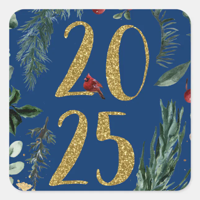Rustic Greenery 2025 Blue New Years Holiday Square Sticker | Zazzle