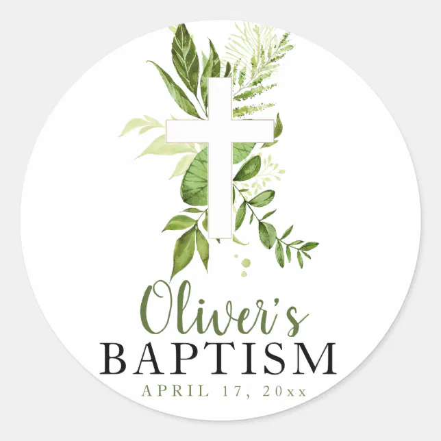 Rustic Greenery Cross Boy Baptism Classic Round Sticker | Zazzle