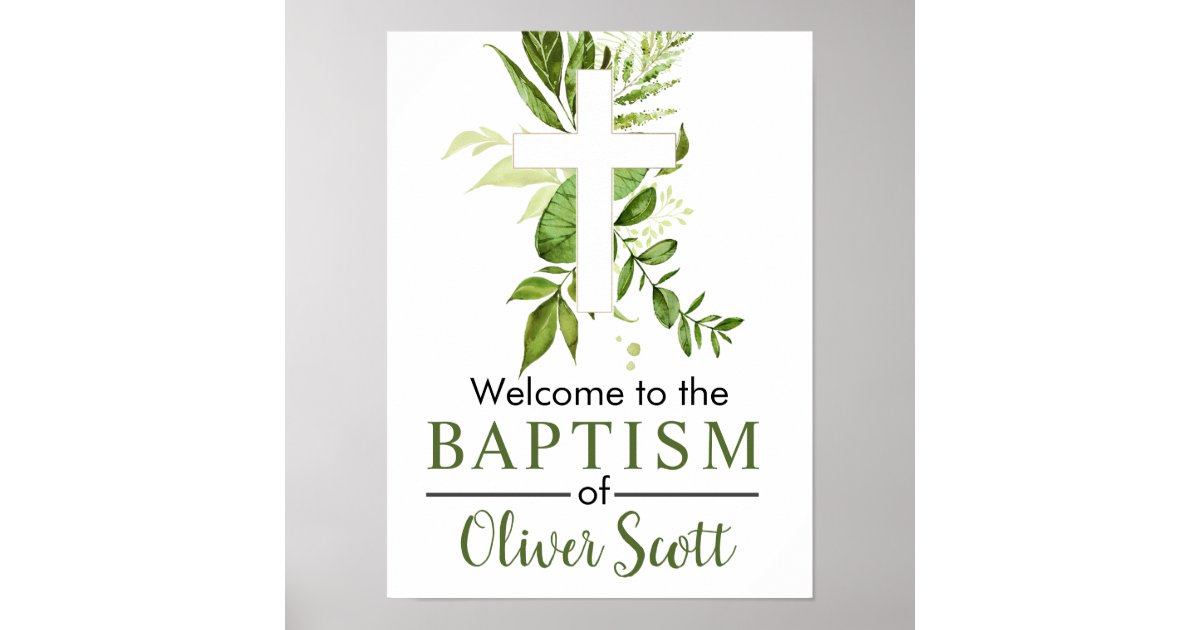 Rustic Greenery Cross Boy Baptism Welcome Poster | Zazzle