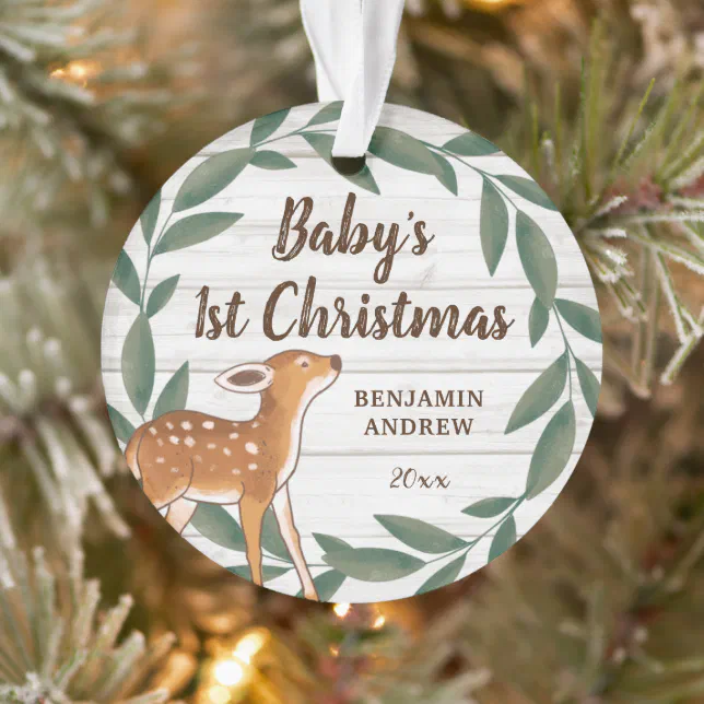 Rustic Greenery Deer Baby's First Christmas Photo Ornament | Zazzle