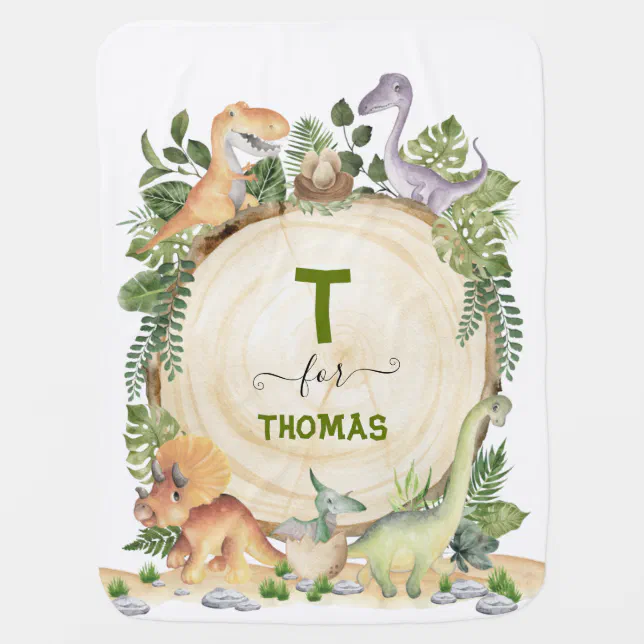 Rustic Greenery Dinosaurs Monogram Name Baby Blanket | Zazzle