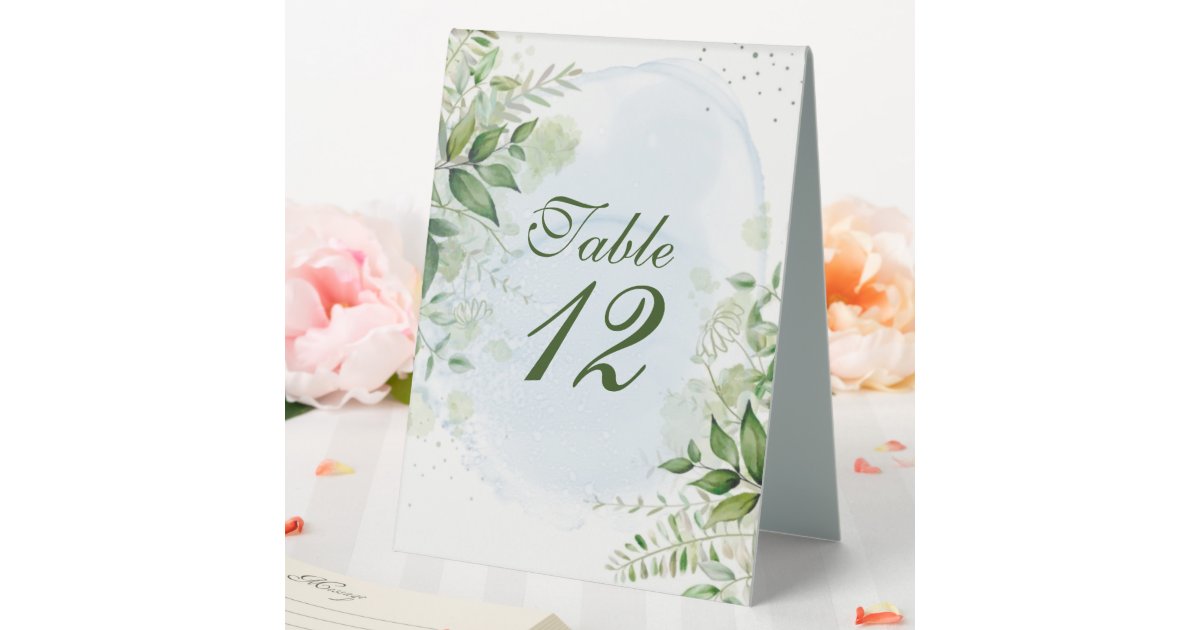 Rustic Greenery Dusty Blue Wedding Table Numbers T Table Tent | Zazzle