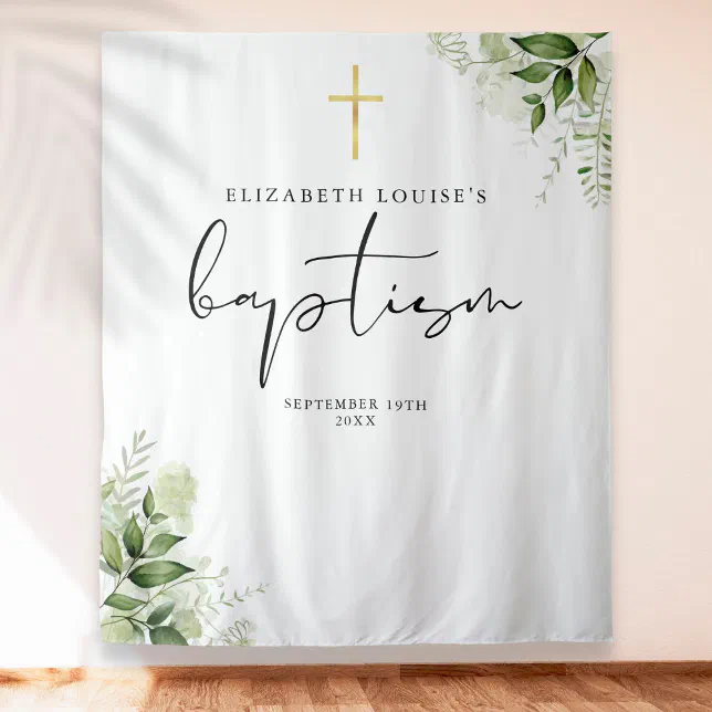 Rustic Greenery Elegant Baptism Photo Backdrop | Zazzle