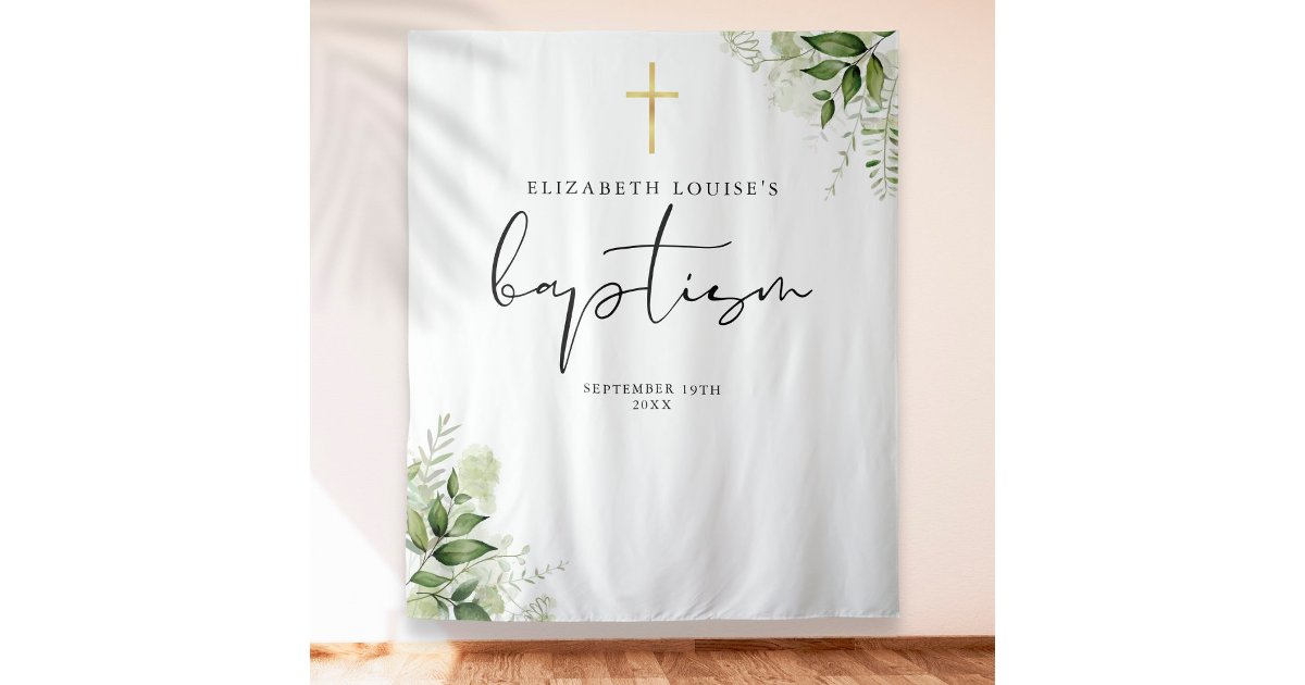 Rustic Greenery Elegant Baptism Photo Backdrop | Zazzle
