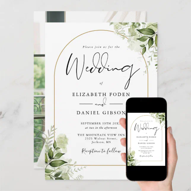 Rustic Greenery Elegant Gold Arch Photo Wedding Invitation | Zazzle
