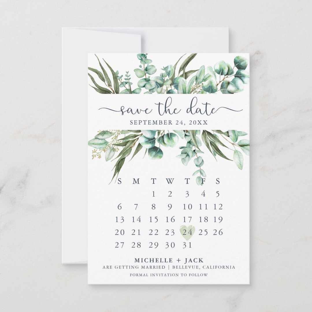 Rustic Greenery Eucalyptus Modern Calendar Save The Date | Zazzle