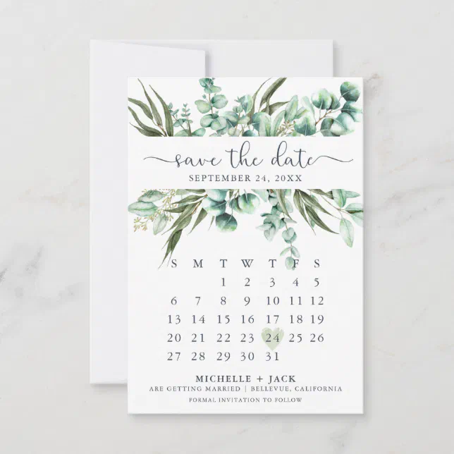 Rustic Greenery Eucalyptus Modern Calendar Save The Date | Zazzle