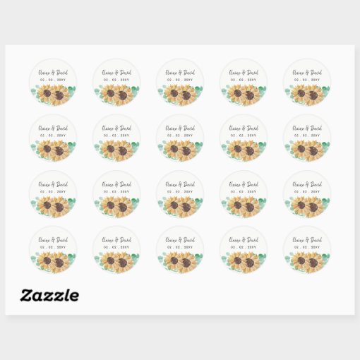 Rustic greenery eucalyptus sunflowers Wedding Classic Round Sticker ...