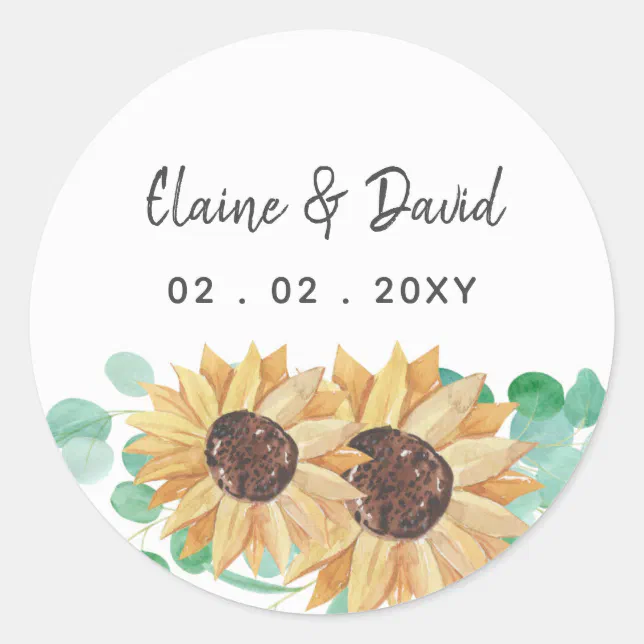 Rustic greenery eucalyptus sunflowers Wedding Classic Round Sticker ...