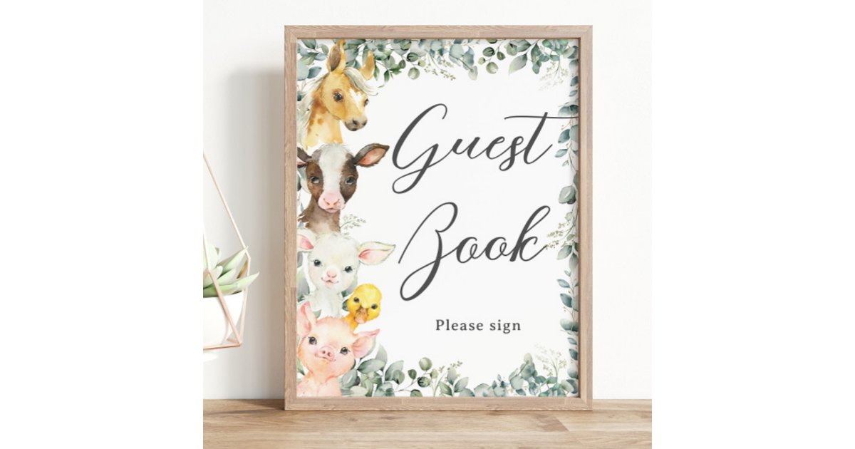 Rustic Greenery Farm Animals Baby Guest Book Sign | Zazzle