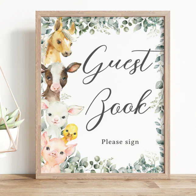 Rustic Greenery Farm Animals Baby Guest Book Sign | Zazzle