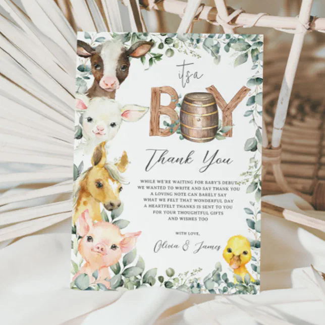 Rustic Greenery Farm Barnyard Animals It's a Boy Thank You Card | Zazzle