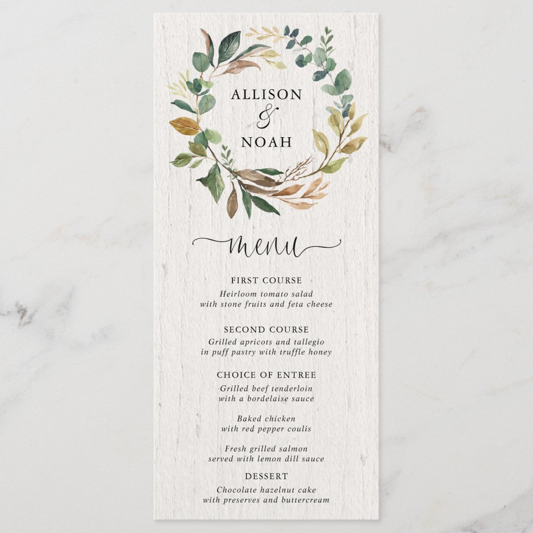 Rustic greenery foliage botanical wedding menu | Zazzle