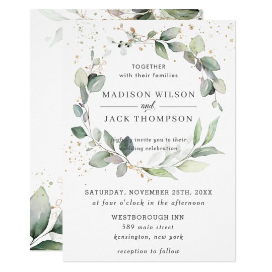 Rustic Greenery Foliage Leafy Wreath Gold Wedding Invitation | Zazzle.com